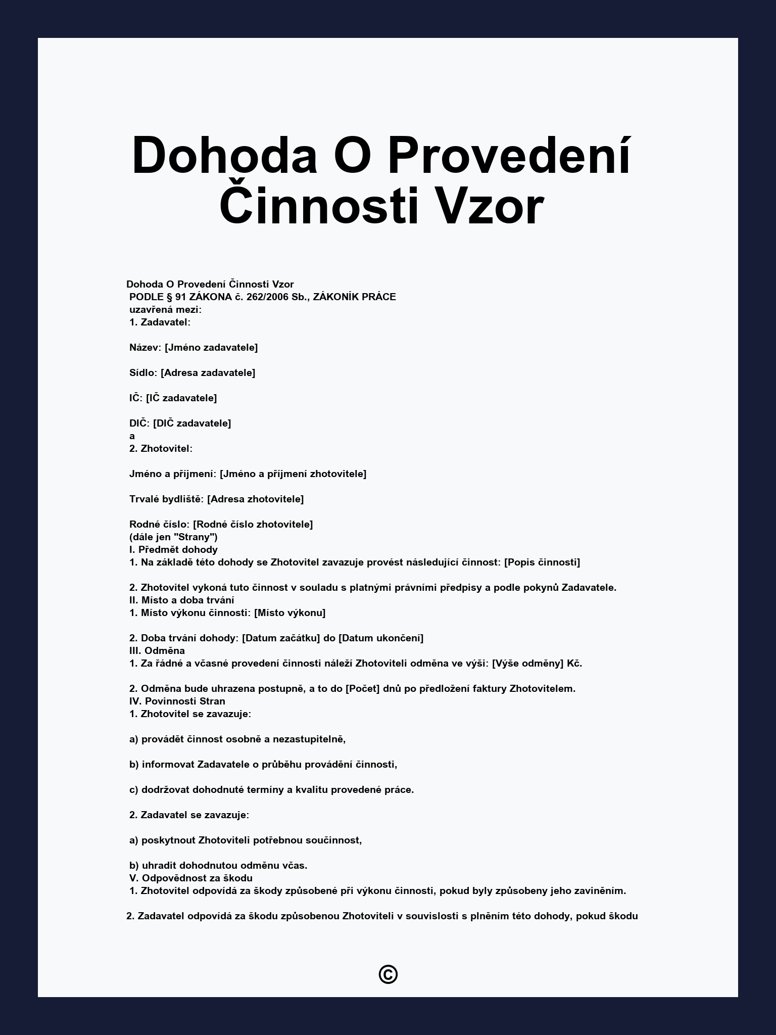 Dohoda O Provedení Činnosti Vzor
