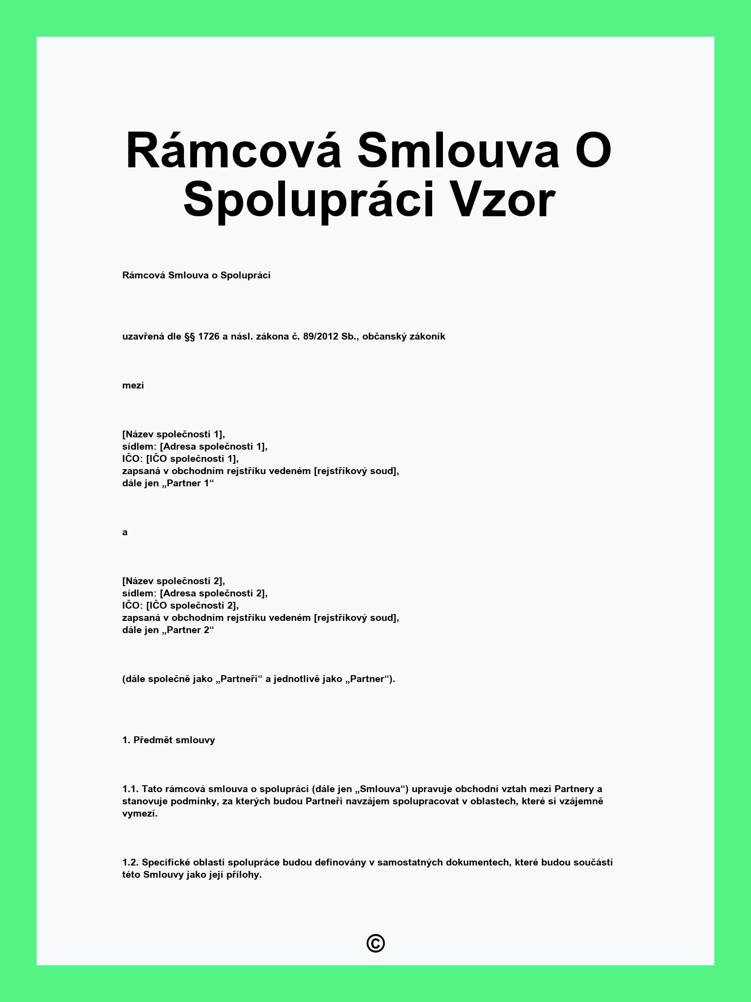 Rámcová Smlouva O Spolupráci Vzor