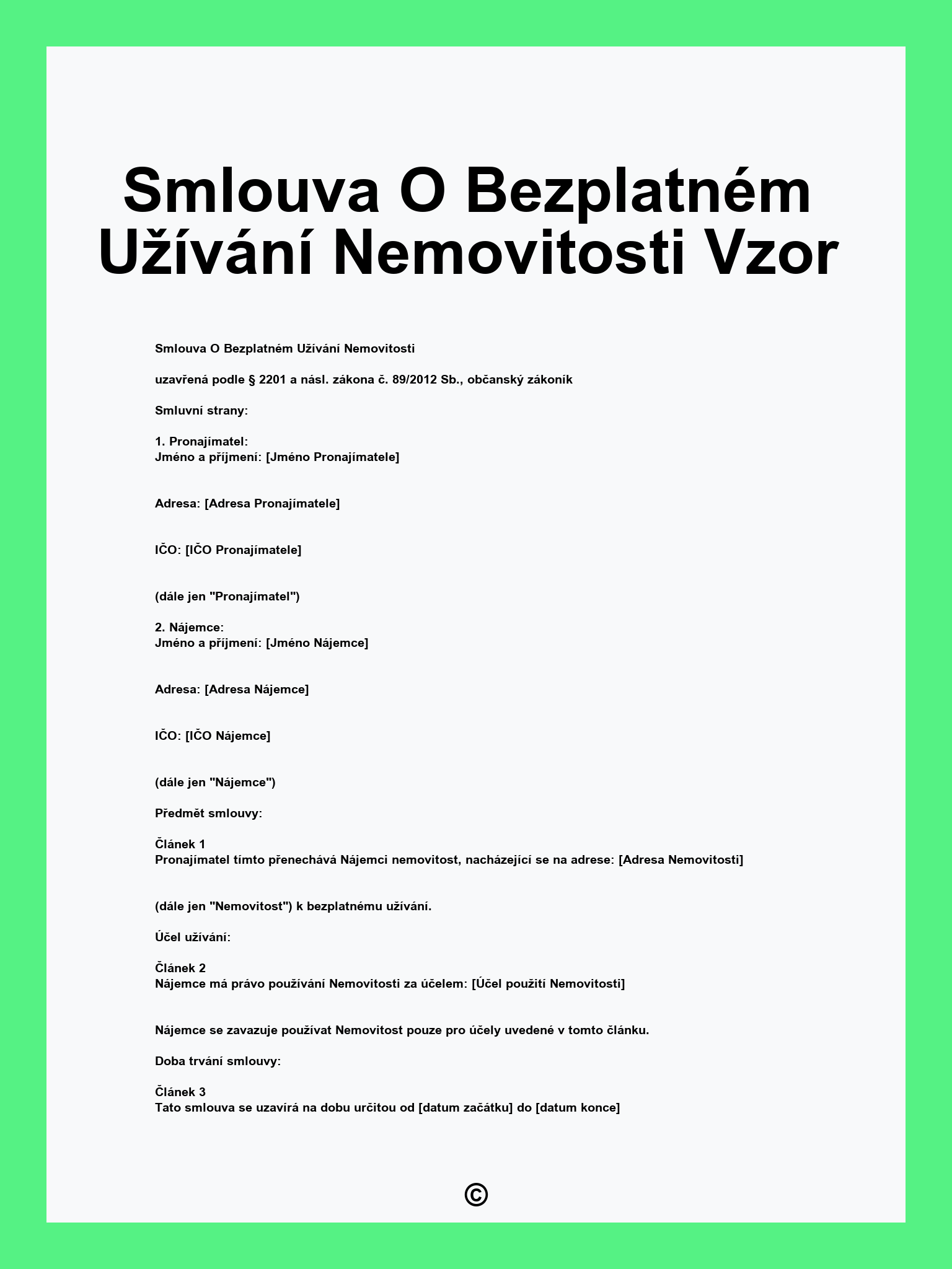 Smlouva O Bezplatném Užívání Nemovitosti Vzor