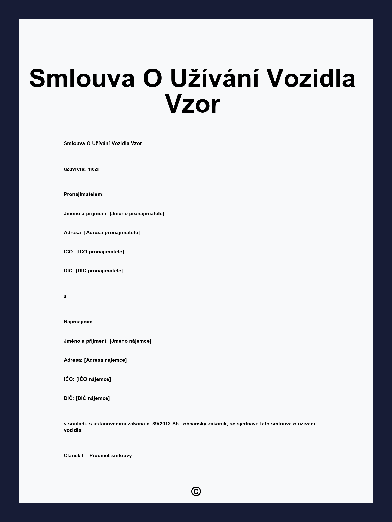 Smlouva O Užívání Vozidla Vzor